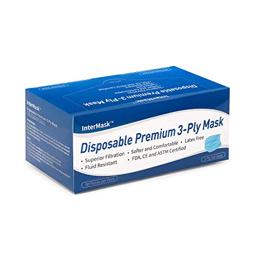 InterMask ASTM Level 3 Disposable Blue 3-Ply Face Masks for General Use, Home, Office, School, Restaurants, 50ct Box (Pack of 1)