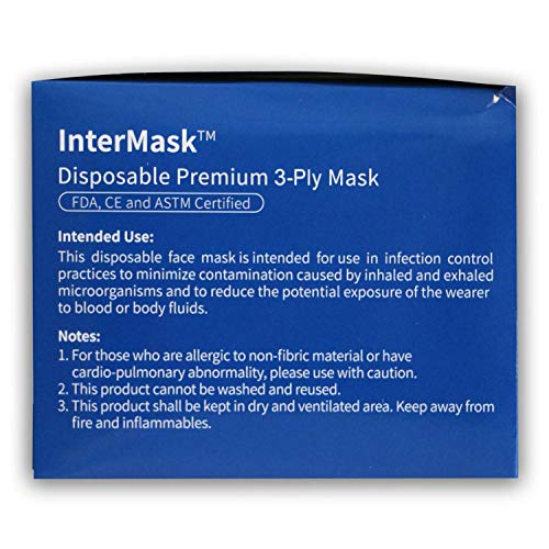 InterMask ASTM Level 3 Disposable Blue 3-Ply Face Masks for General Use, Home, Office, School, Restaurants, 50ct Box (Pack of 1)