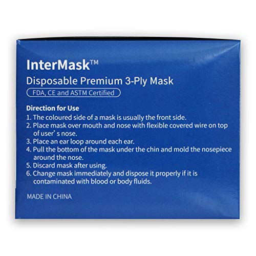 InterMask ASTM Level 3 Disposable Blue 3-Ply Face Masks for General Use, Home, Office, School, Restaurants, 50ct Box (Pack of 1)