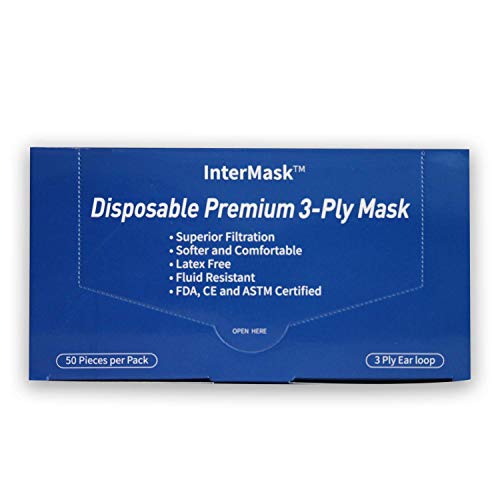 InterMask ASTM Level 3 Disposable Blue 3-Ply Face Masks for General Use, Home, Office, School, Restaurants, 50ct Box (Pack of 1)