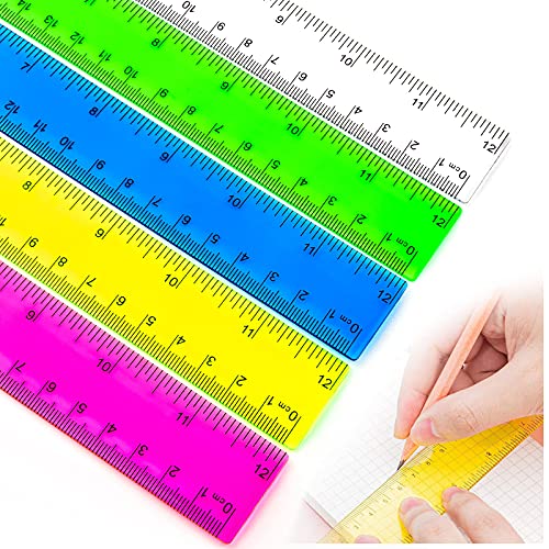 12 Inch Colorful Plastic Ruler, Kids Ruler for School, Ruler with Centimeters and Inches, Clear Rulers, School Ruler, 5 Pack Standard Ruler