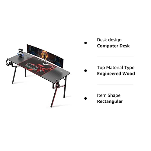 It's_Organized Gaming Desk 63 inch, K-Shaped Gaming Computer Desk, Carbon Fiber Surface Professional Gamer Workstation with Mouse Pad Cup Holder Headphone Hook Controller Stand, Black