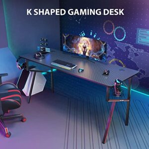 It's_Organized Gaming Desk 63 inch, K-Shaped Gaming Computer Desk, Carbon Fiber Surface Professional Gamer Workstation with Mouse Pad Cup Holder Headphone Hook Controller Stand, Black