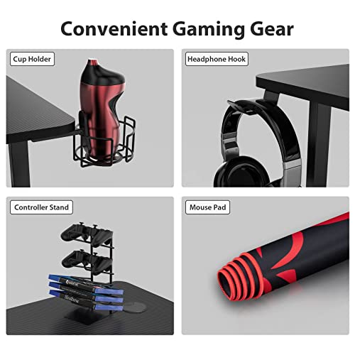 It's_Organized Gaming Desk 63 inch, K-Shaped Gaming Computer Desk, Carbon Fiber Surface Professional Gamer Workstation with Mouse Pad Cup Holder Headphone Hook Controller Stand, Black