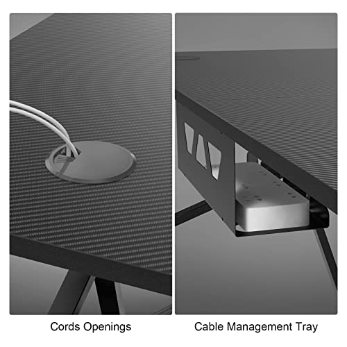 It's_Organized Gaming Desk 63 inch, K-Shaped Gaming Computer Desk, Carbon Fiber Surface Professional Gamer Workstation with Mouse Pad Cup Holder Headphone Hook Controller Stand, Black