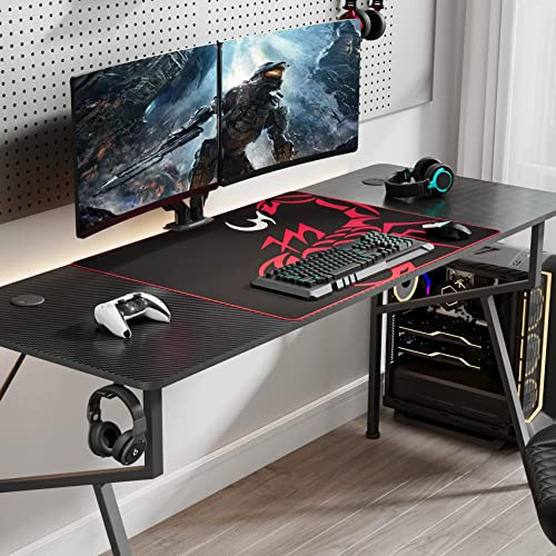 It's_Organized Gaming Desk 63 inch, K-Shaped Gaming Computer Desk, Carbon Fiber Surface Professional Gamer Workstation with Mouse Pad Cup Holder Headphone Hook Controller Stand, Black