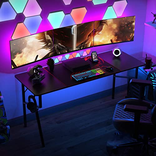 It's_Organized Gaming Desk 63 inch, K-Shaped Gaming Computer Desk, Carbon Fiber Surface Professional Gamer Workstation with Mouse Pad Cup Holder Headphone Hook Controller Stand, Black