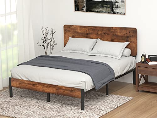 Allewie Full Size Platform Bed Frame with Wood headboard and Metal Slats/Rustic Country Style Mattress Foundation/Box Spring Optional/Strong Metal Slats Support/Easy Assembly