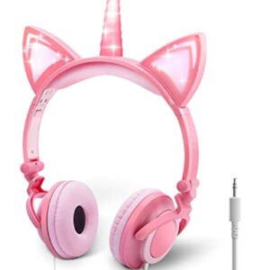 ONTA Unicorn Kids Headphones, Cat Ear LED Light Up Foldable Earphone Wired Over On Ear for Girls Boys,Kids Headband Toddler Tablet for School Supply/Travel/Holiday/Birthday/Cosplay Gifts(Peach)