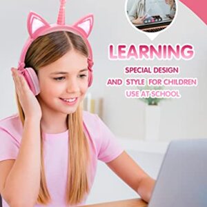 ONTA Unicorn Kids Headphones, Cat Ear LED Light Up Foldable Earphone Wired Over On Ear for Girls Boys,Kids Headband Toddler Tablet for School Supply/Travel/Holiday/Birthday/Cosplay Gifts(Peach)