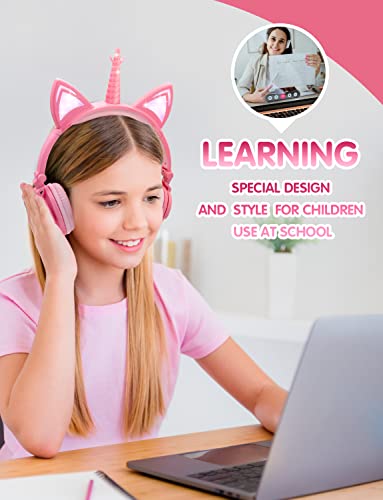 ONTA Unicorn Kids Headphones, Cat Ear LED Light Up Foldable Earphone Wired Over On Ear for Girls Boys,Kids Headband Toddler Tablet for School Supply/Travel/Holiday/Birthday/Cosplay Gifts(Peach)