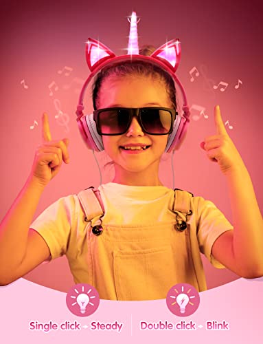 ONTA Unicorn Kids Headphones, Cat Ear LED Light Up Foldable Earphone Wired Over On Ear for Girls Boys,Kids Headband Toddler Tablet for School Supply/Travel/Holiday/Birthday/Cosplay Gifts(Peach)