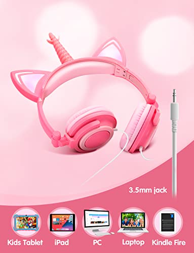 ONTA Unicorn Kids Headphones, Cat Ear LED Light Up Foldable Earphone Wired Over On Ear for Girls Boys,Kids Headband Toddler Tablet for School Supply/Travel/Holiday/Birthday/Cosplay Gifts(Peach)