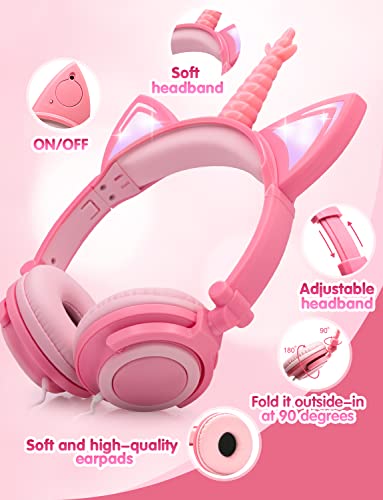 ONTA Unicorn Kids Headphones, Cat Ear LED Light Up Foldable Earphone Wired Over On Ear for Girls Boys,Kids Headband Toddler Tablet for School Supply/Travel/Holiday/Birthday/Cosplay Gifts(Peach)