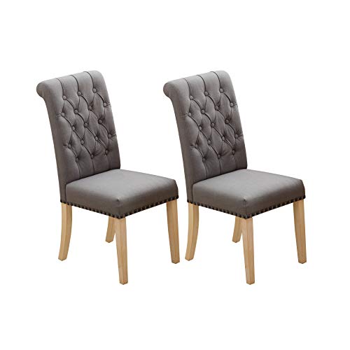 Luxuriour Fabric Dining Chairs with Copper Nails and Solid Wood Legs Set of 2 (Dark Grey)