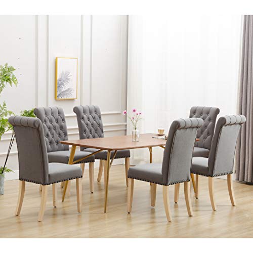 Luxuriour Fabric Dining Chairs with Copper Nails and Solid Wood Legs Set of 2 (Dark Grey)