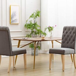 Luxuriour Fabric Dining Chairs with Copper Nails and Solid Wood Legs Set of 2 (Dark Grey)