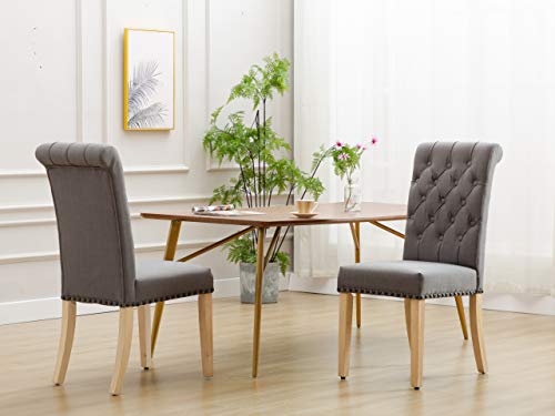 Luxuriour Fabric Dining Chairs with Copper Nails and Solid Wood Legs Set of 2 (Dark Grey)