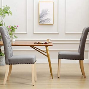 Luxuriour Fabric Dining Chairs with Copper Nails and Solid Wood Legs Set of 2 (Dark Grey)