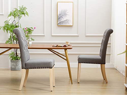 Luxuriour Fabric Dining Chairs with Copper Nails and Solid Wood Legs Set of 2 (Dark Grey)