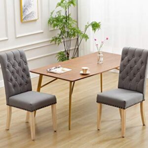 Luxuriour Fabric Dining Chairs with Copper Nails and Solid Wood Legs Set of 2 (Dark Grey)