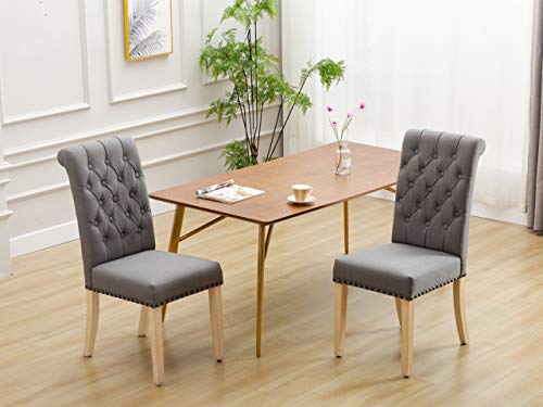 Luxuriour Fabric Dining Chairs with Copper Nails and Solid Wood Legs Set of 2 (Dark Grey)