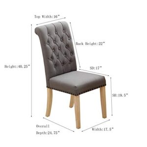 Luxuriour Fabric Dining Chairs with Copper Nails and Solid Wood Legs Set of 2 (Dark Grey)