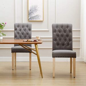 Luxuriour Fabric Dining Chairs with Copper Nails and Solid Wood Legs Set of 2 (Dark Grey)