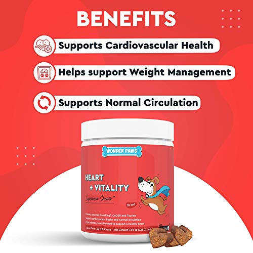 Wonder Paws Cardio Support for Dogs – Cardiovascular Chews Heart Health, Circulation, Energy & Weight Management - with L-Carnitine, Hawthorn Berry, Coenzyme Q10 & Taurine for Dogs – 90 Soft Chews