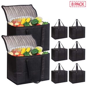 Set of 8 Large Insulated Reusable Grocery Bags with Sturdy Zipper and Handles, Foldable Washable Heavy Duty Cooler Totes for Hot or Cold Food Delivery, Groceries, Travel, Shopping