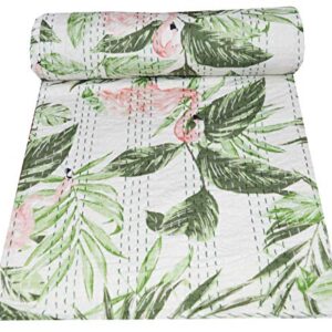 SHIRANYA Cotton Kantha Quilt Bedspread Queen Indian Handmade Flamingo and Leaf Print Throw Blanket Reversible Traditional Patchwork Stitched Bedding Comforter Decorative (90x108 Inch/220x274 cm)