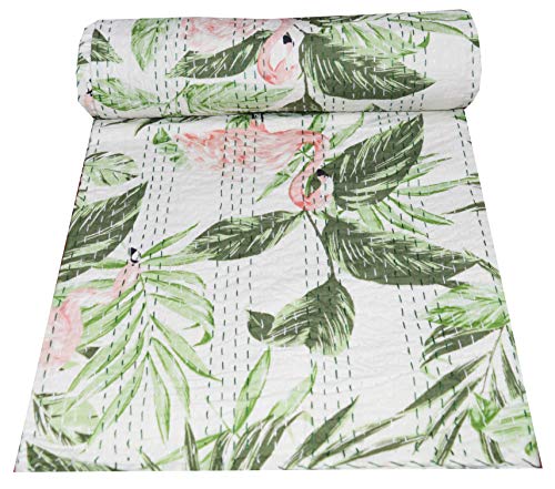 SHIRANYA Cotton Kantha Quilt Bedspread Queen Indian Handmade Flamingo and Leaf Print Throw Blanket Reversible Traditional Patchwork Stitched Bedding Comforter Decorative (90x108 Inch/220x274 cm)