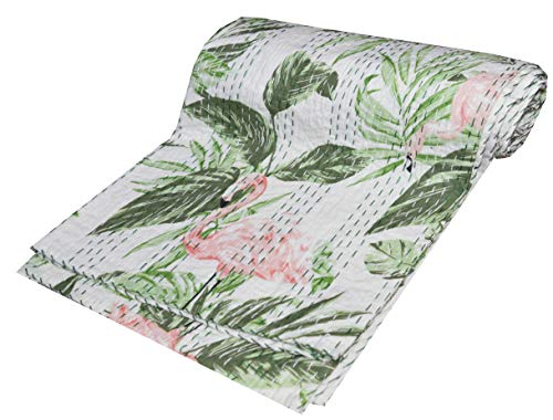 SHIRANYA Cotton Kantha Quilt Bedspread Queen Indian Handmade Flamingo and Leaf Print Throw Blanket Reversible Traditional Patchwork Stitched Bedding Comforter Decorative (90x108 Inch/220x274 cm)