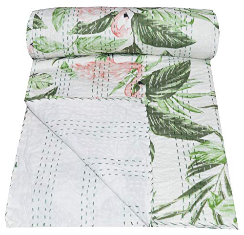 SHIRANYA Cotton Kantha Quilt Bedspread Queen Indian Handmade Flamingo and Leaf Print Throw Blanket Reversible Traditional Patchwork Stitched Bedding Comforter Decorative (90x108 Inch/220x274 cm)