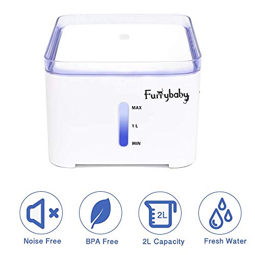 furrybaby Cat Drinking Water Fountain, LED Automatic Pet Water Dispenser with Water Level Window 2L Ultra Quiet Indoor Intelligent Pet Fountain for Cats, Dogs with 2 Filters, White (2L, Pure White)