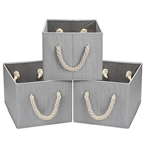 Robuy Fabric Storage Bins with Cotton Rope Handle Collapsible Stroage Basket for Home Office Nursery and More Grey Bamboo Fabric 3-Pack