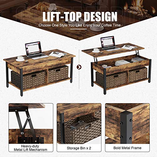 Rolanstar Coffee Table Lift Top, Coffee Table with Hidden Storage Compartment and 2 Rattan Baskets, 41.7" Retro Central Table with Wooden Lift Tabletop and Metal Frame for Living Room, Rustic Brown