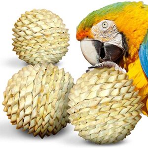 meric palm leaf ball, 3” round woven chewing and foot toy with pulp paper for parrots, beak and nail conditioner, keeps birds mentally and physically healthy, 3 balls per set