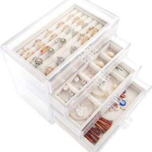 Mebbay Acrylic Jewelry Box with 4 Drawers, Velvet Jewelry Organizer for Earring Necklace Ring & Bracelet, Clear Jewelry Display Storage Case Gift for Woman, Girls Beige White 9.4"x5.3"x7.7"