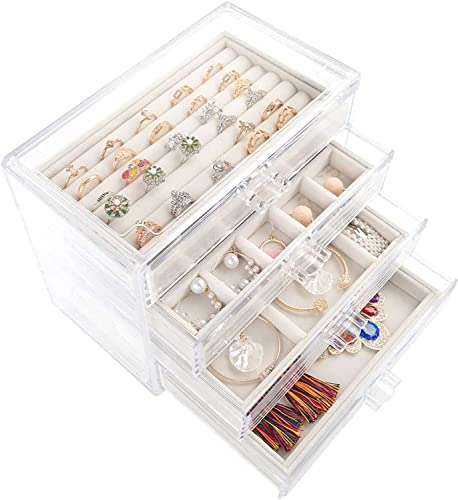 Mebbay Acrylic Jewelry Box with 4 Drawers, Velvet Jewelry Organizer for Earring Necklace Ring & Bracelet, Clear Jewelry Display Storage Case Gift for Woman, Girls Beige White 9.4"x5.3"x7.7"