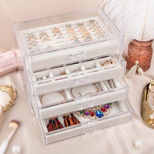 Mebbay Acrylic Jewelry Box with 4 Drawers, Velvet Jewelry Organizer for Earring Necklace Ring & Bracelet, Clear Jewelry Display Storage Case Gift for Woman, Girls Beige White 9.4"x5.3"x7.7"