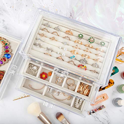 Mebbay Acrylic Jewelry Box with 4 Drawers, Velvet Jewelry Organizer for Earring Necklace Ring & Bracelet, Clear Jewelry Display Storage Case Gift for Woman, Girls Beige White 9.4"x5.3"x7.7"