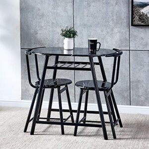 QIHANG-US 3-Piece Small Dining Table Set, Wood Kitchen Table with 2 Chairs, Marble Look Oval Dinette Set with Metal Legs, Black