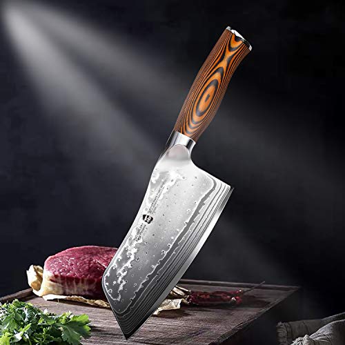 TUO Cutlery Cleaver Knife - Japanese AUS-10 45-Layers Steel - Chinese Chef's Knife Featured Damascus Rose Pattern - Meat and Vegetable Cleaver with Ergonomic Pakkawood Handle - 7" - Fiery Phoenix