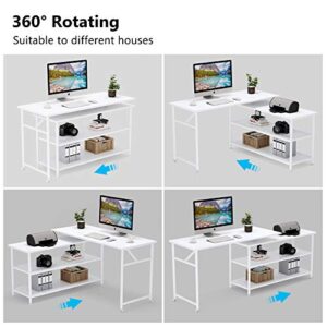 Tribesigns Modern L-Shaped Desk with Storage Shelves, 360°Rotating Desk Corner Computer Desk Study Writing Table Workstation with Open Shelves for Home Office, High Glossy Finish (White)