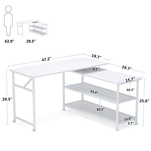 Tribesigns Modern L-Shaped Desk with Storage Shelves, 360°Rotating Desk Corner Computer Desk Study Writing Table Workstation with Open Shelves for Home Office, High Glossy Finish (White)