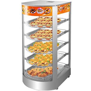 vevor 110v 14.2-inch commercial food warmer display, 5-tier 800w electric pizza warmer display 86-185℉, tempered-glass door pastry display case, restaurant heated cabinet, with 1 trays & 1 bread tong