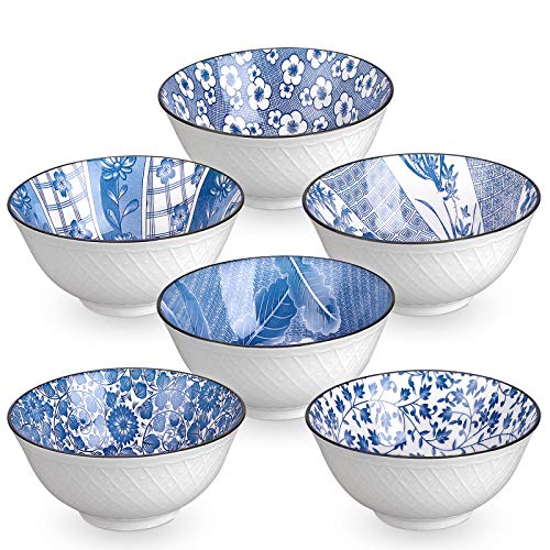 DeeCoo 6 Pack 24-Ounce Japanese Style Ceramic Cereal Bowls for Cereal, Salad, Soup, Pho, Ramen, Dessert, Rice, Noodle, Pasta Bowl Set - Microwave Safe, Stackable, Blue and White, Assorted Patterns