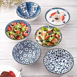 DeeCoo 6 Pack 24-Ounce Japanese Style Ceramic Cereal Bowls for Cereal, Salad, Soup, Pho, Ramen, Dessert, Rice, Noodle, Pasta Bowl Set - Microwave Safe, Stackable, Blue and White, Assorted Patterns