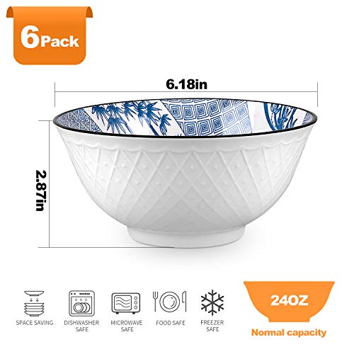 DeeCoo 6 Pack 24-Ounce Japanese Style Ceramic Cereal Bowls for Cereal, Salad, Soup, Pho, Ramen, Dessert, Rice, Noodle, Pasta Bowl Set - Microwave Safe, Stackable, Blue and White, Assorted Patterns